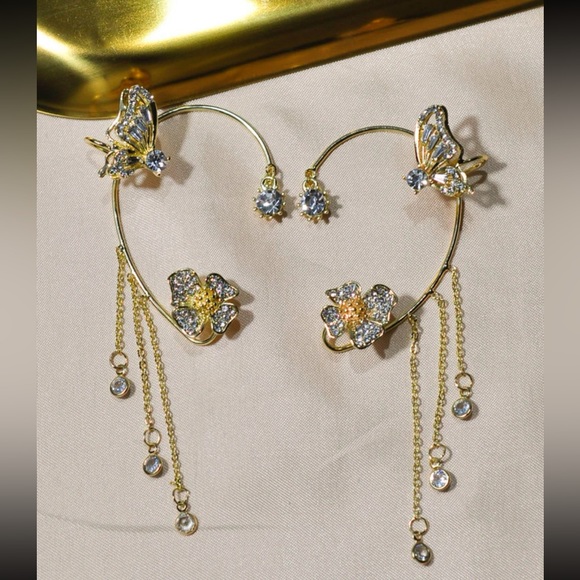 Kathrono | Jewelry | Lovely Pair Of Pierceless Metallic Floral Flower Butterfly Tassel Ear Cuffs ...